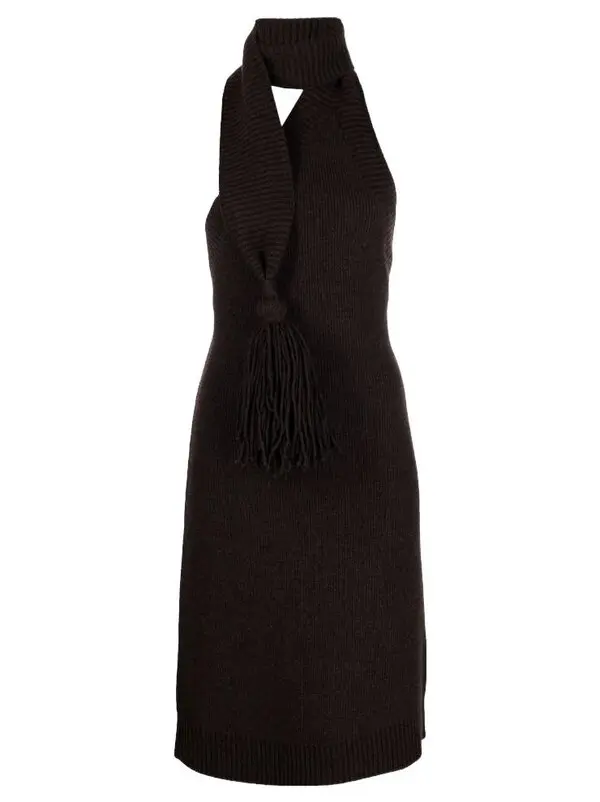 Bottega Veneta Sleeveless Wraparound Neck Dress With Tassel Detail - Dark Chocolate