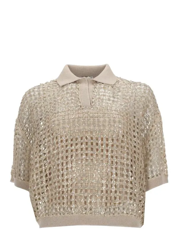 Brunello Cucinelli Sequined Openwork Polo Top - Nude
