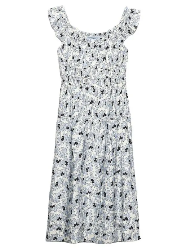 Prada Floral Print Pongé Midi Dress - Light Blue