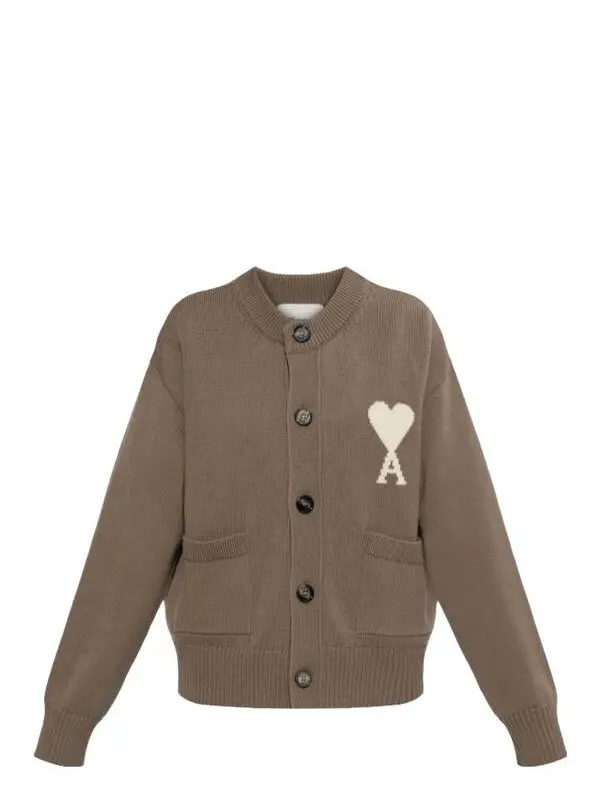 Ami Long Sleeve Buttoned Cardigan With Patch Pockets - Brown