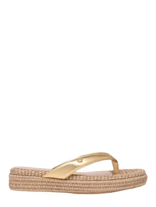 GIANVITO ROSSI Metallic Leather Tahiti Flip Flops With Raffia Platform - Golden