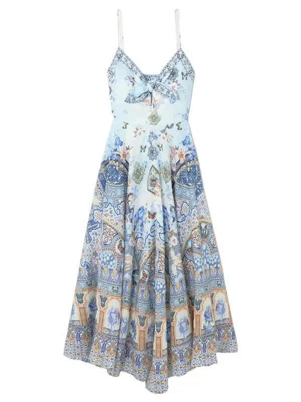 Camilla Embellished Printed Linen Midi Dress - Blue