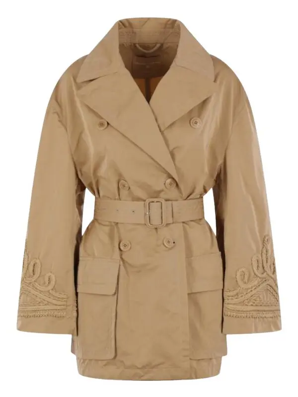 Ermanno Scervino Belted Coat With Embroidered Cuffs - Nude
