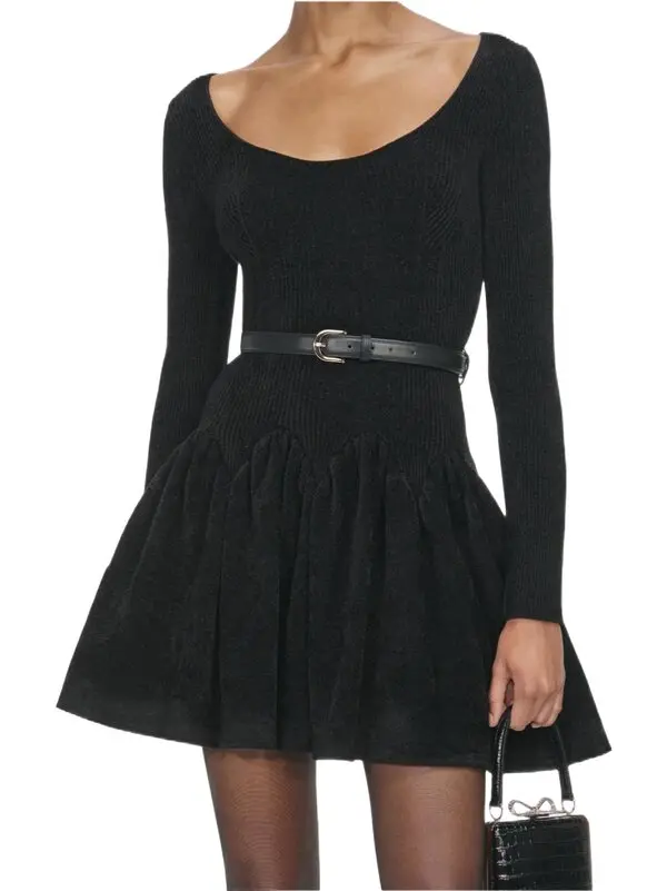SELF-PORTRAIT Ribbed Belted Dress - Black