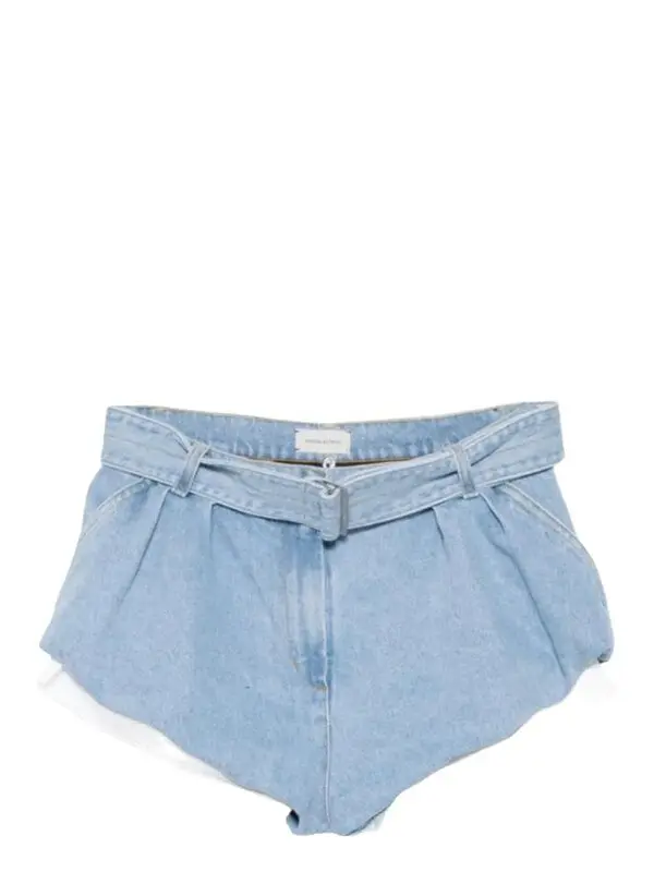 Magda Butrym Belted Pleated Denim Shorts With Lace Trim - Blue