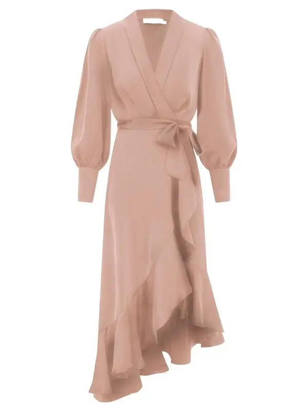 Zimmermann Wrapped Asymmetric Ruffled Dress - Nude