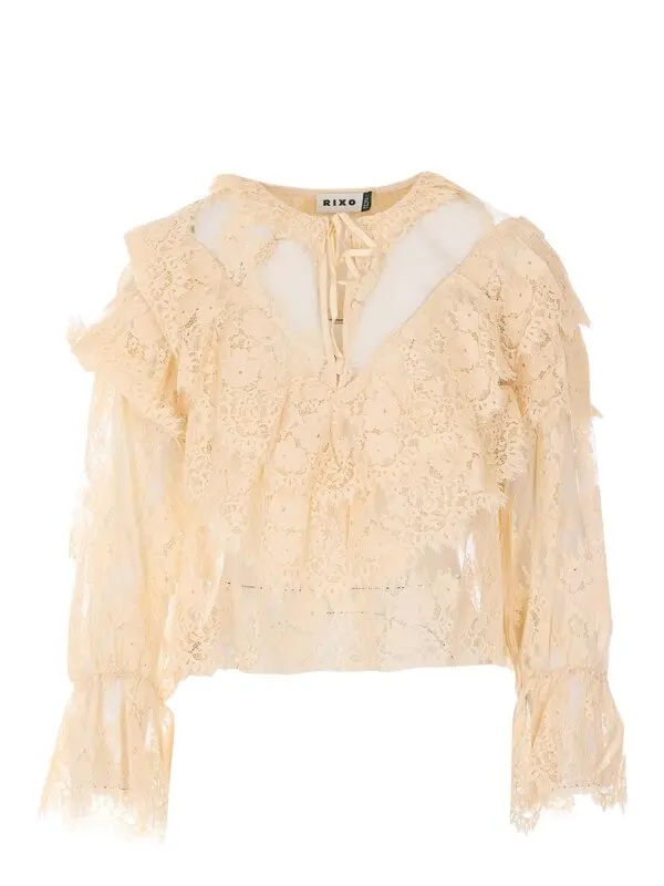Rixo Lace Ruffled Long Sleeve Top - Nude