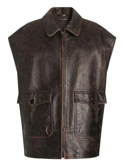 Dolce & Gabbana Sleeveless Zip-up Leather Vest - Brown