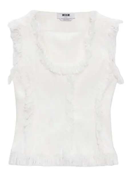 MSGM Ruffled Fringed Raw Cotton Top - White