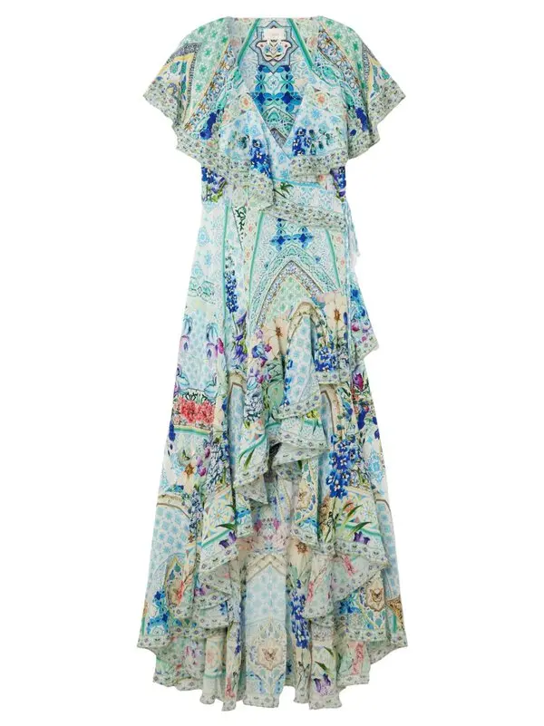 Camilla Asymmetrical Crystal-embellished Ruffled Silk Maxi Wrap Dress - Green