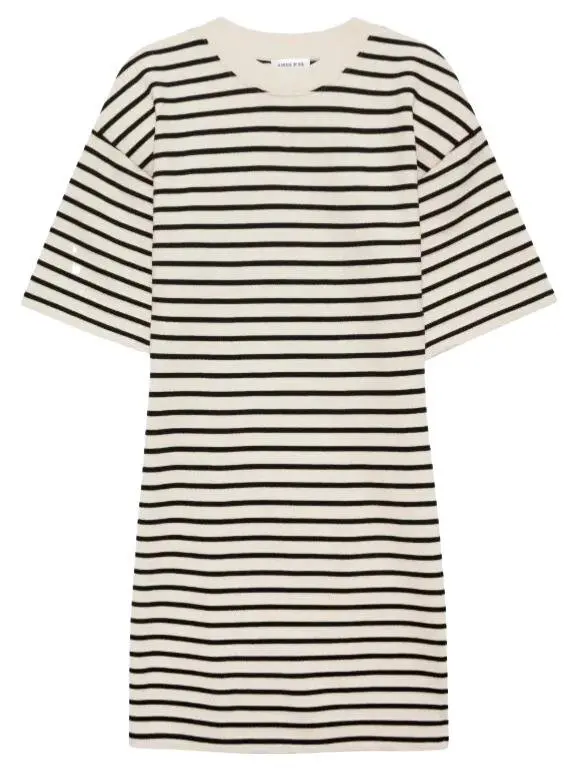 ANINE BING Striped Round Neck Mini Dress - White