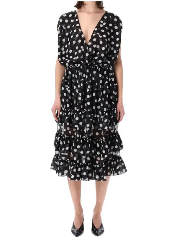 Dries Van Noten Polka Dot Ruffled Midi Dress - Black