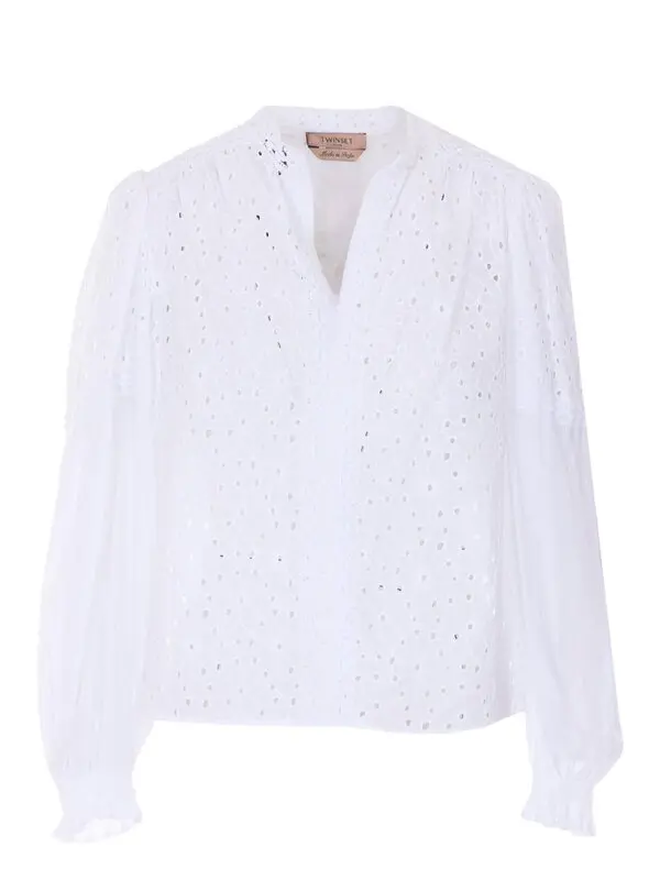 TWINSET Broderie V-neck Long Sleeve Top - White