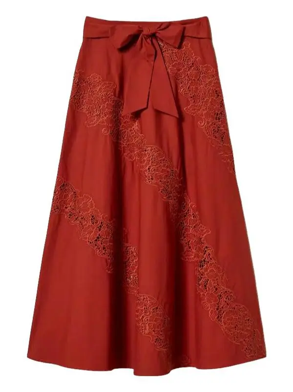 TWINSET Long Poplin And Broderie Anglaise Skirt - Red