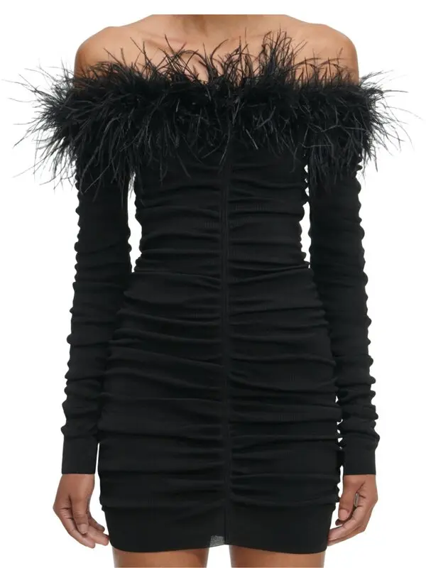 SELF-PORTRAIT Feather Trim Off-shoulder Mini Dress - Black