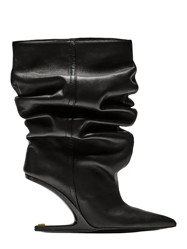 Balmain Leather Ruched Wedge Ankle Boots - Black