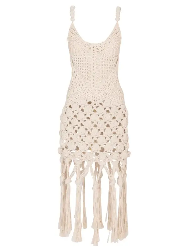 Balmain Crochet Fringe Knitted Dress - Beige