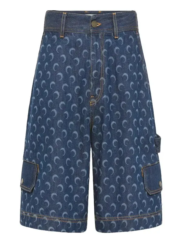 MARINE SERRE Denim Bermuda Shorts With Moon Print - Blue