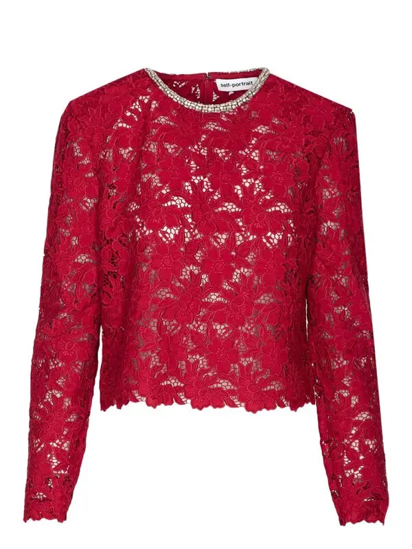 SELF-PORTRAIT Lace Embellished Top With Round Neck - Red