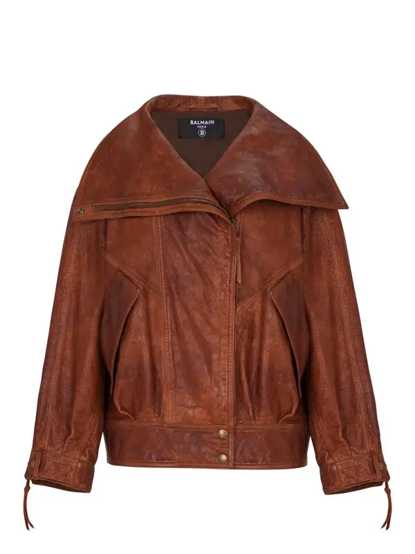 Balmain Oversized Leather Jacket With Stand Collar - Brown