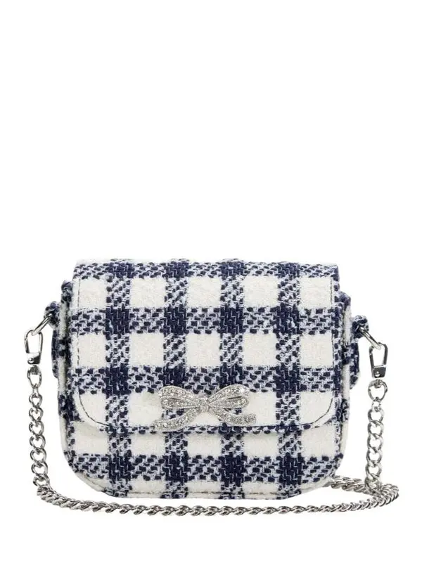 SELF-PORTRAIT Check Bow Chain Cross Body Bag - Navy Blue