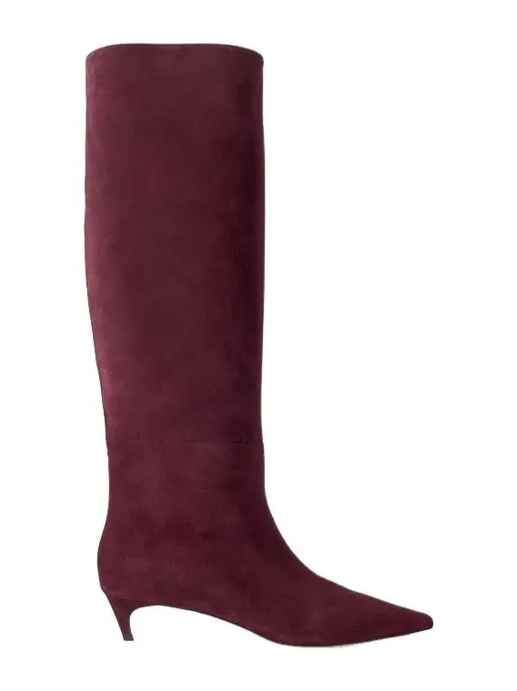JIMMY CHOO Suede Knee High Pointed Toe Kitten Heel Boots - Red