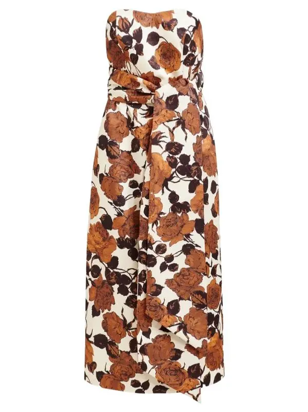 Essentiel Antwerp Floral Strapless Dress With Belted Waist - Brown