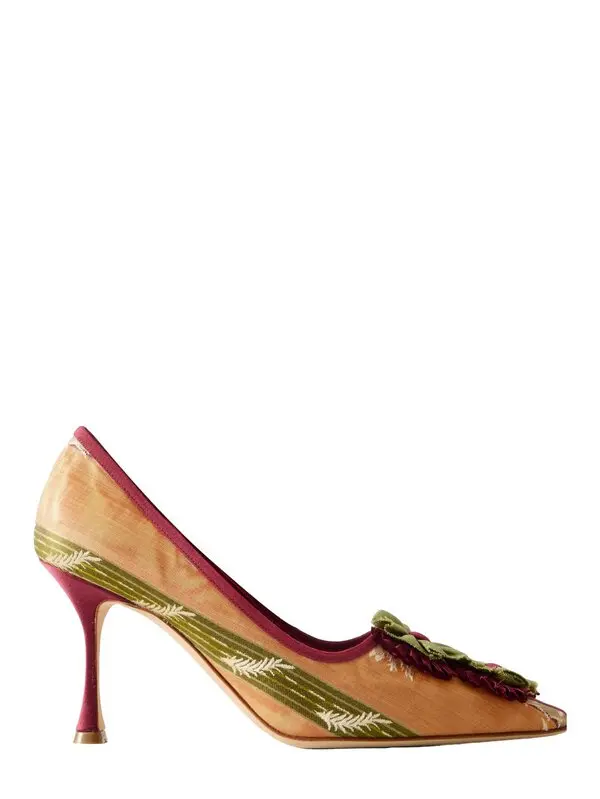Manolo Blahnik Appliquéd Embroidered Striped Satin Pumps - Brown