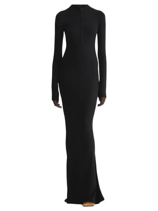 MUGLER Long Sleeve Zip Front High Neck Maxi Dress - Black