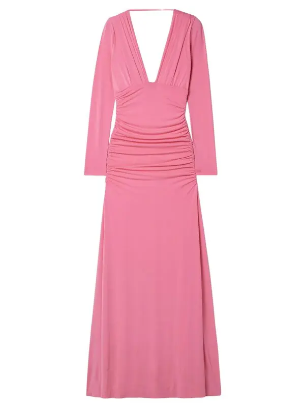 Carolina Herrera Long Sleeve V-neck Pleated Gown - Bright Pink