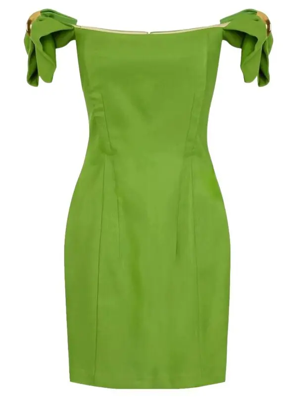 Elisabetta Franchi Off-the-shoulder Pleated Mini Dress With Bow Embellishments - Aloe