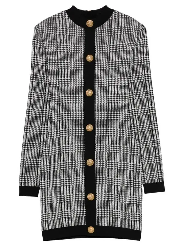 Balmain Prince Of Wales Check Button-embellished Mini Dress - Black