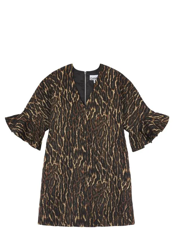 GANNI Metallic Jacquard Mini Dress With Ruffled Sleeves - Bronze