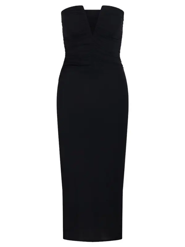 AMAZUIN Natalie Ruched Strapless V-neck Midi Dress - Black