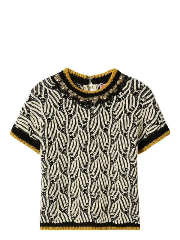 La DoubleJ Embellished Collar Patterned Top - Navy Blue And Off-white