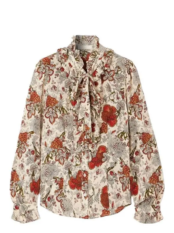 Ulla Johnson Catroux Pussy-bow Floral-print Silk-satin Blouse - Nude