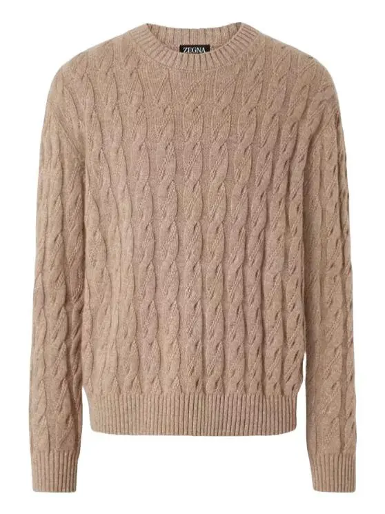 Zegna Cable Knit Crew Neck Sweater - Beige