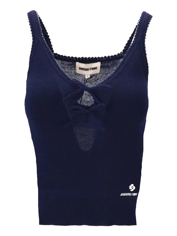 SHUSHU/TONG Sleeveless Knitted Tank Top With Crochet Trim And Tie Detail - Navy Blue