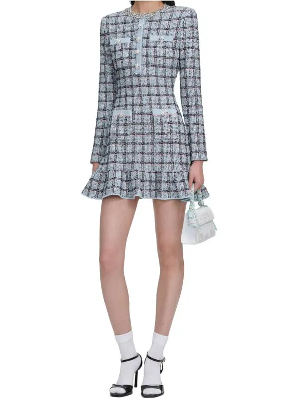 SELF-PORTRAIT Check Knit Mini Dress With Rhinestone Embellishments - Gray