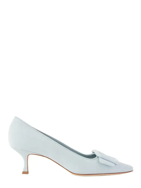 Manolo Blahnik Buckled Suede Pumps With Pointed Toe And 50mm Heel - White