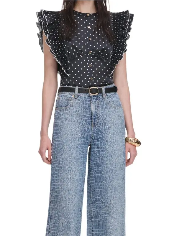 SELF-PORTRAIT Ruffled Polka Dot Button-up Top - Black