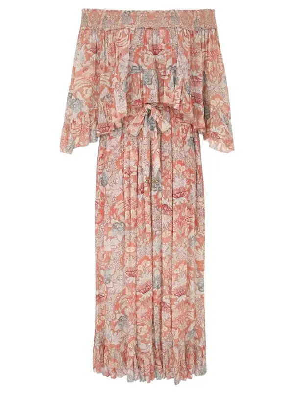 Zimmermann Off-shoulder Ruffled Maxi Dress With Graphic Print - Rust-red
