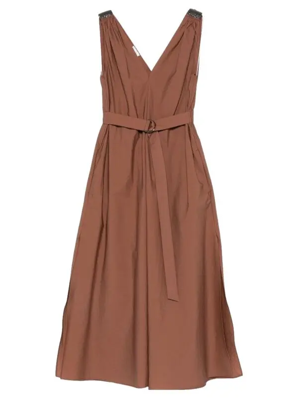 Brunello Cucinelli Sleeveless V-neck Belted Maxi Dress - Brown