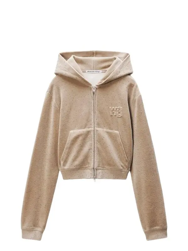 Alexander Wang Embellished Velour Cropped Hoodie - Warm Taupe