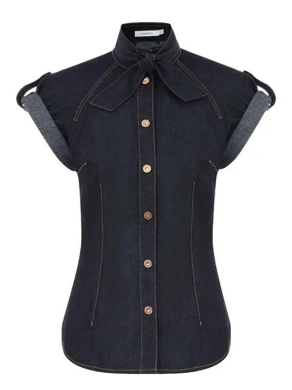 Zimmermann Short-sleeved Denim Shirt With Tie Neck - Black