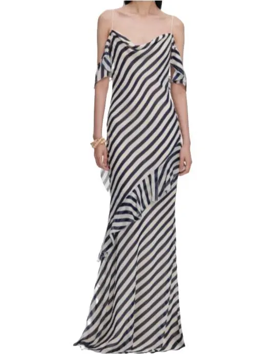 SELF-PORTRAIT Striped Ruffled Maxi Dress - Navy Blue