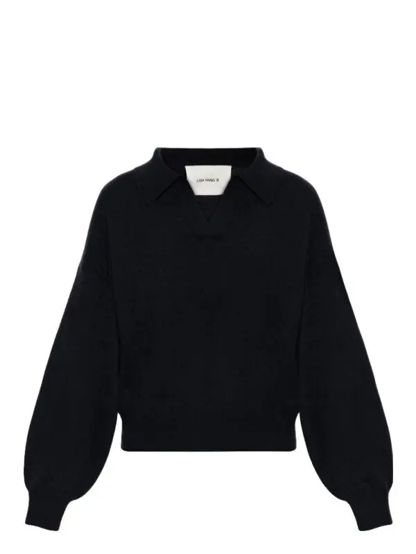 LISA YANG Katriel Collared V-neck Knitted Top - Deep Navy