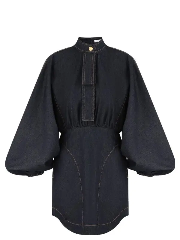 Zimmermann Bishop Sleeve Denim Mini Dress - The Night Sky Is Black