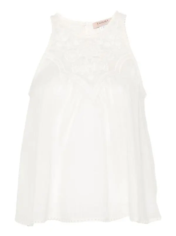 TWINSET Sleeveless Round Neck Blouse With Lace Details And Scalloped Trim - White