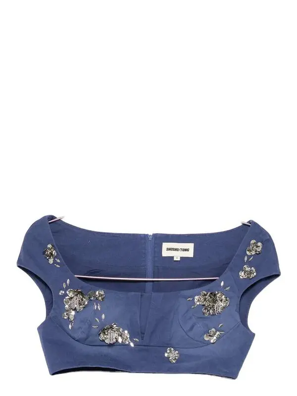 SHUSHU/TONG Embellished V-neck Cropped Top - Blue